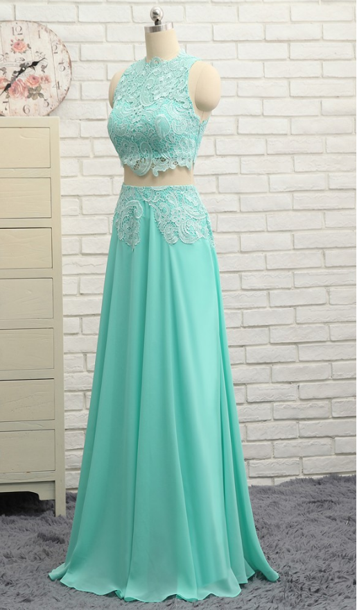 Prom Dresses ,a-line High Collar Chiffon Lace Two Pieces Long Prom Gown ...