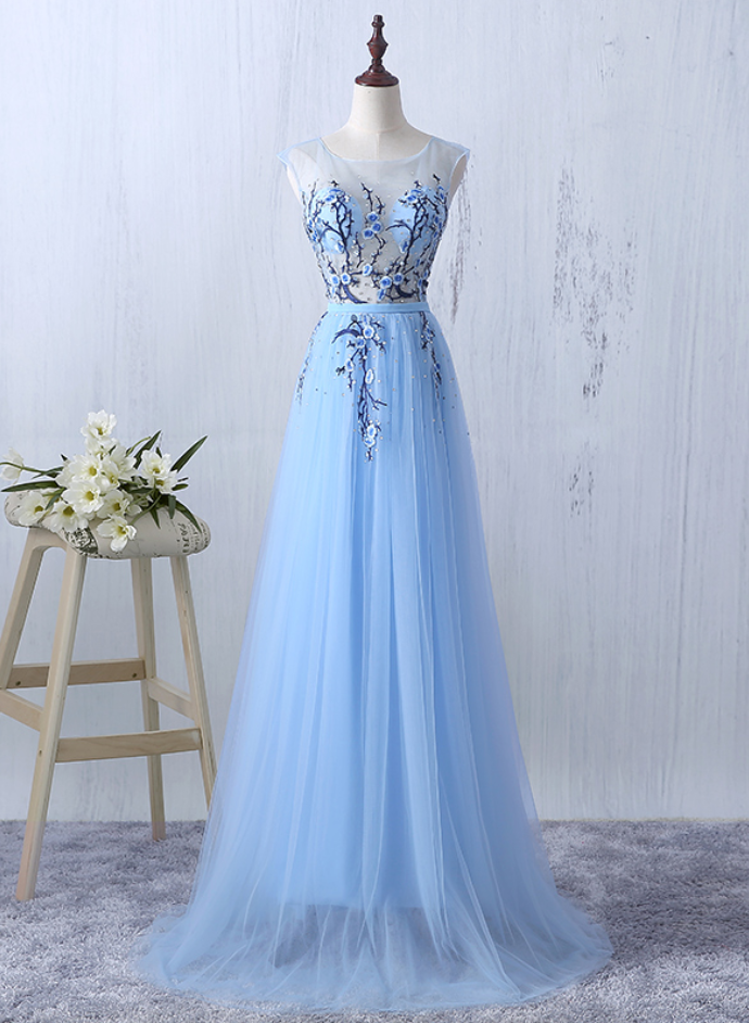 Sky Blue Flowers Crystal Evening Dresses Fashion Tulle Party Dress Robe ...